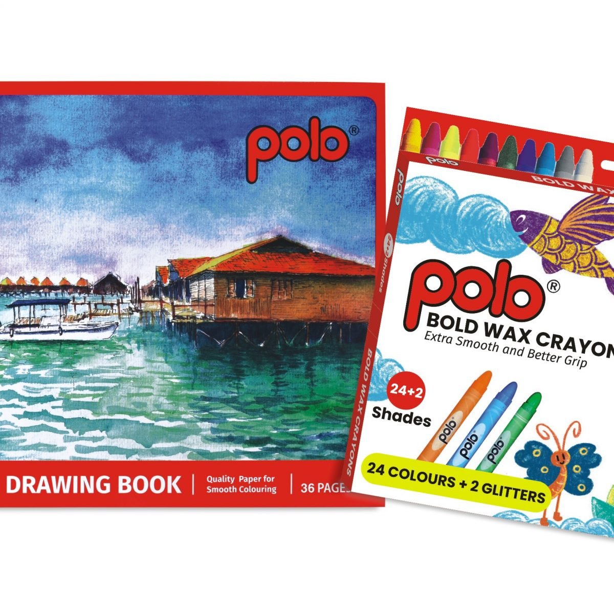 Combo Pack : A4 Drawing book 36 pages + Bold 24+2 Wax Crayons - Polo ...
